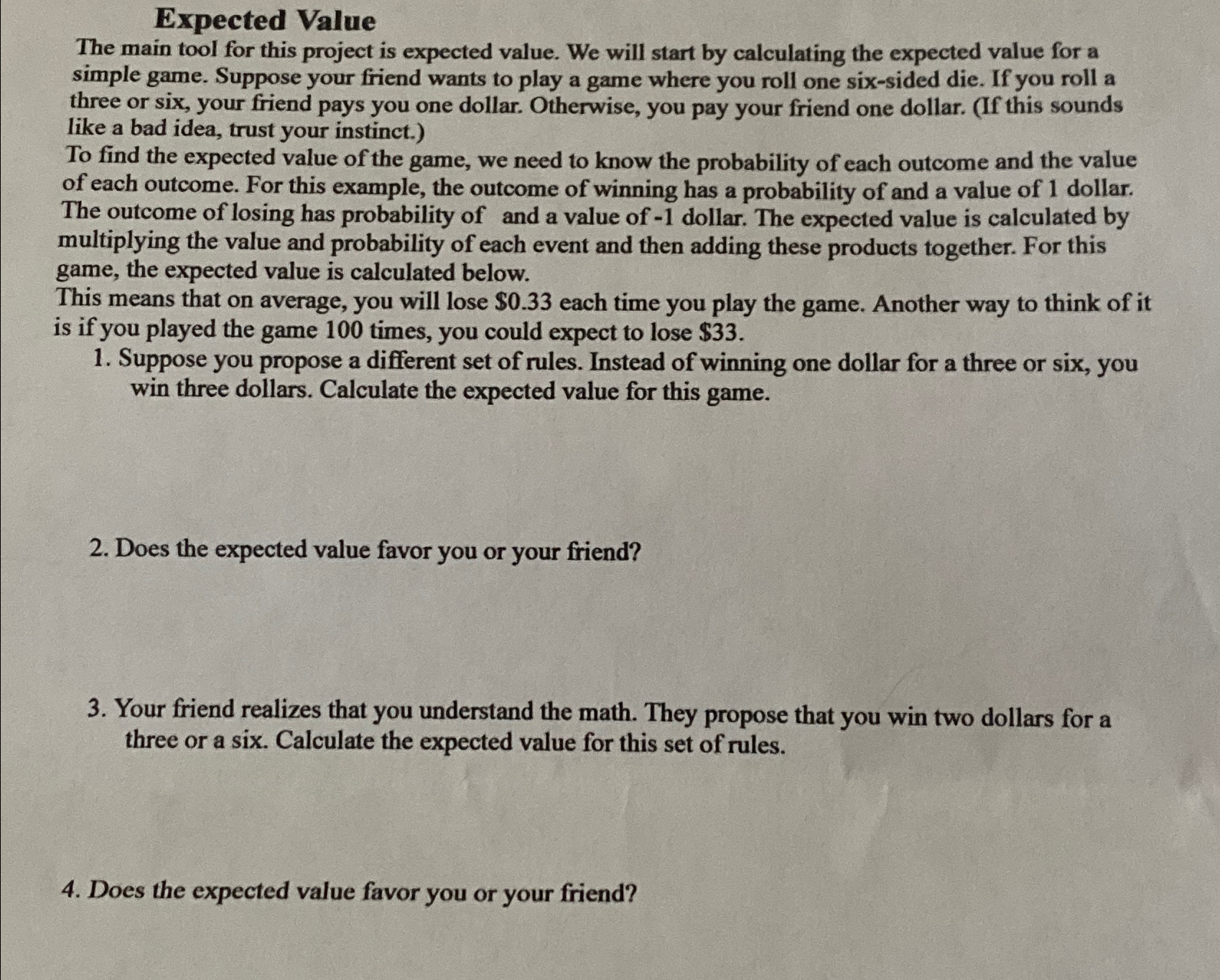 Solved Expected ValueThe main tool for this project is | Chegg.com