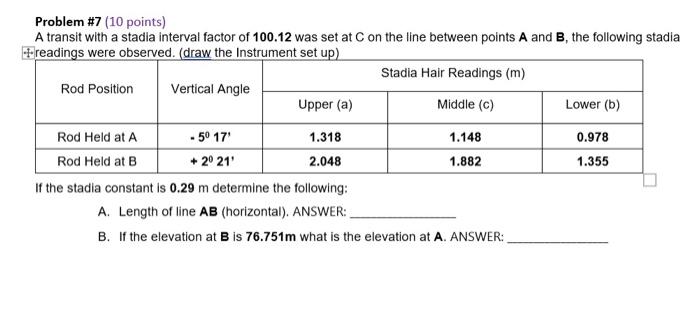 Solved Problem #7 (10 points) A transit with a stadia | Chegg.com