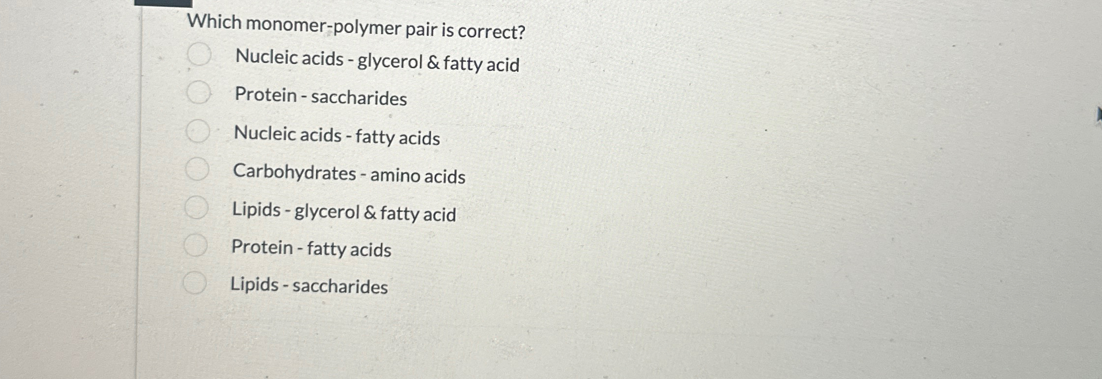 Solved Which monomer-polymer pair is correct?Nucleic acids - | Chegg.com