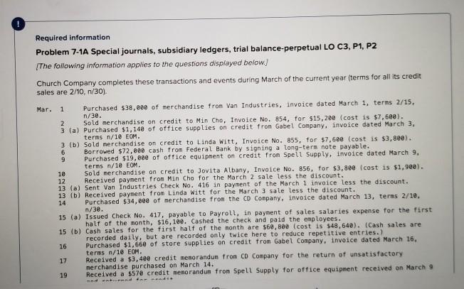 Solved Required information Problem 7-1A Special journals, | Chegg.com