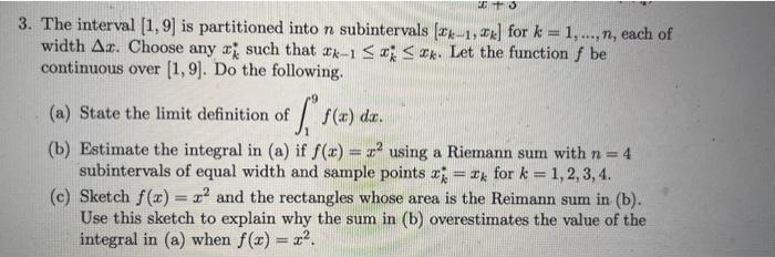 Solved 3. The interval [1,9] is partitioned into n | Chegg.com
