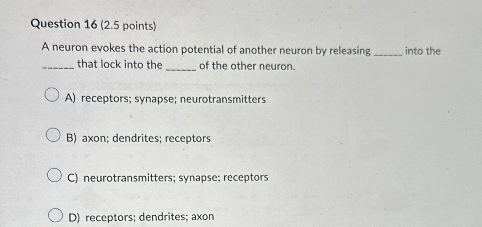 Solved Question 16 (2.5 ﻿points)A neuron evokes the action | Chegg.com