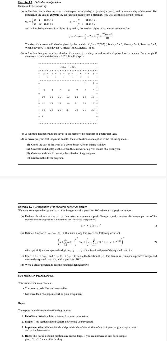 Solved Exercise 1.1: Calender manipulation Define in C the | Chegg.com