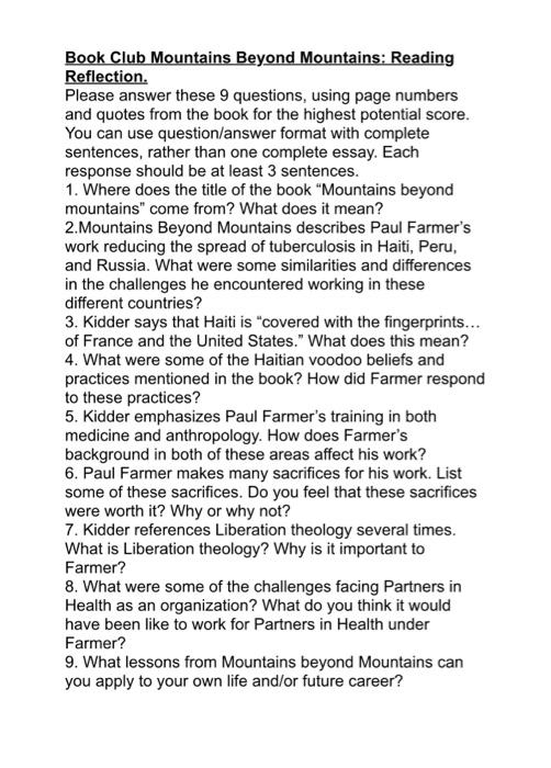 Book Club Mountains Beyond Mountains: Reading | Chegg.com