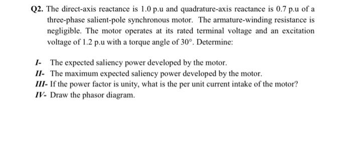 Solved Q2. The direct-axis reactance is 1.0 p.u and | Chegg.com