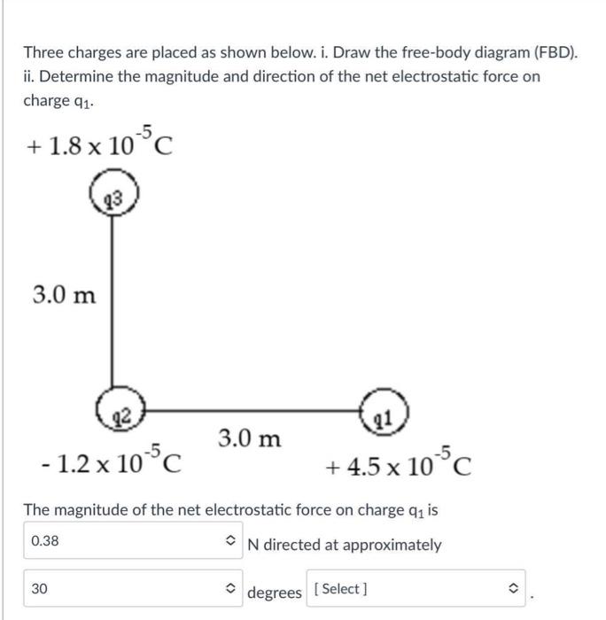 Solved Three charges are placed as shown below. i. Draw the | Chegg.com