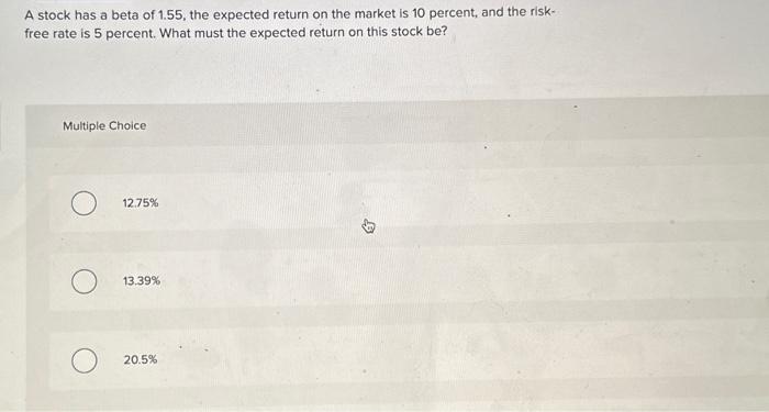 Solved A stock has a beta of 1.55 , the expected return on | Chegg.com