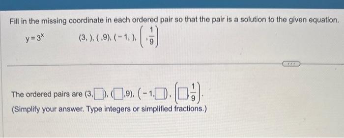 Solved Fill in the missing coordinate in each ordered pair | Chegg.com
