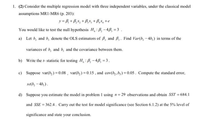 Solved 1. (2) Consider the multiple regression model with | Chegg.com