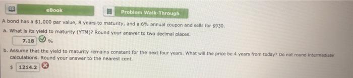 Solved eBook 1 Problem Walk-Through A bond has a $1,000 par | Chegg.com