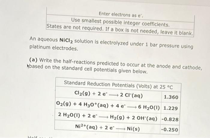 Solved An aqueous NiCl2 solution is electrolyzed under 1 bar | Chegg.com