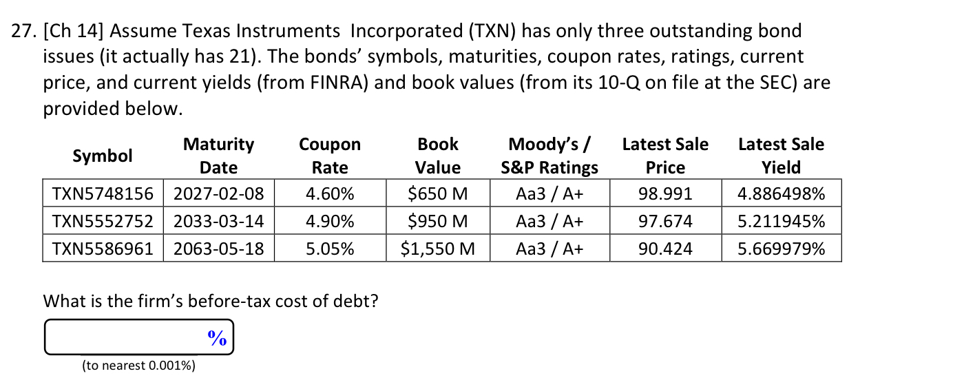 Solved [Ch 14] ﻿Assume Texas Instruments Incorporated (TXN) | Chegg.com