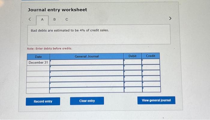 Solved Journal entry worksheet Bad debts are estimated to be | Chegg.com