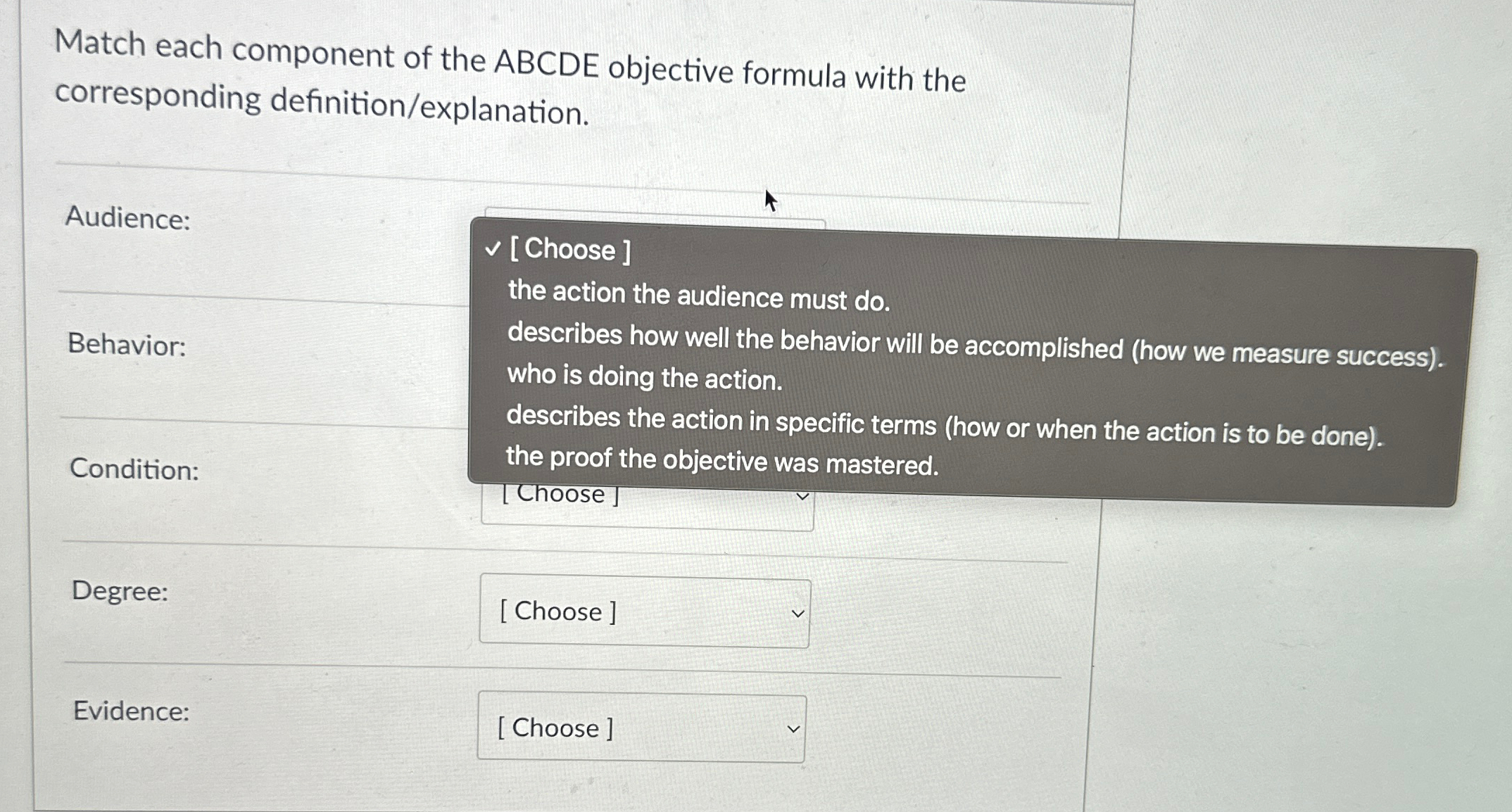Solved Match each component of the ABCDE objective formula | Chegg.com