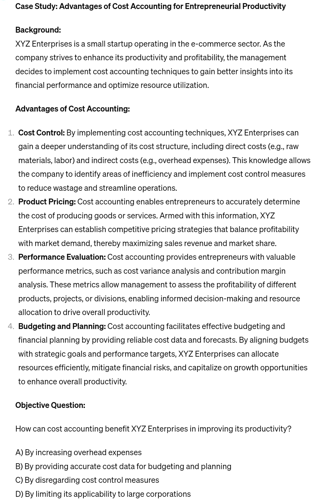 Solved Case Study: Advantages of Cost Accounting for | Chegg.com