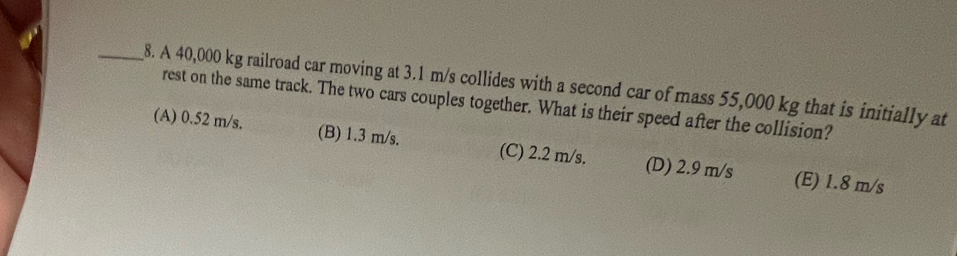 Solved A 40,000kg ﻿railroad car moving at 3.1ms ﻿collides | Chegg.com