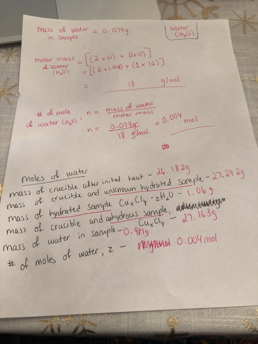 Solved mass of water = 0.0799 in sample Water (H₂O) of water | Chegg.com