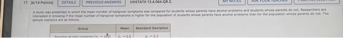 Solved was presented in which the mean number of hangover s | Chegg.com