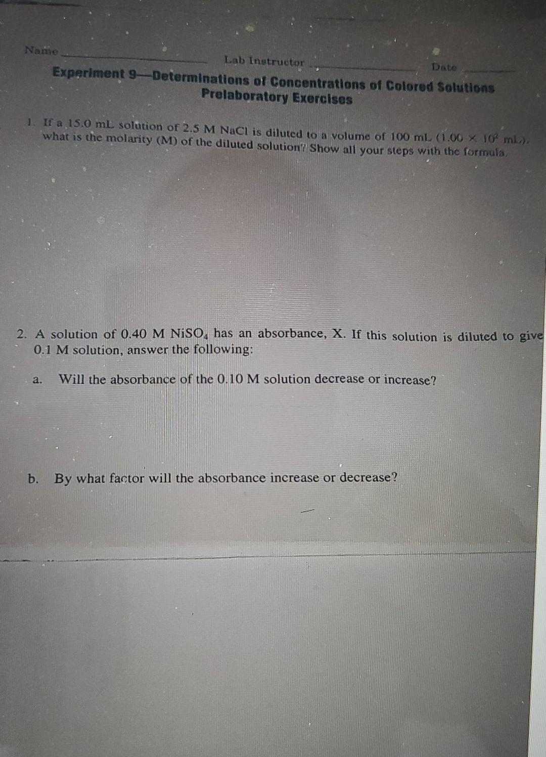 Solved Name Lab Instructor Date Experiment 9-Determinations | Chegg.com