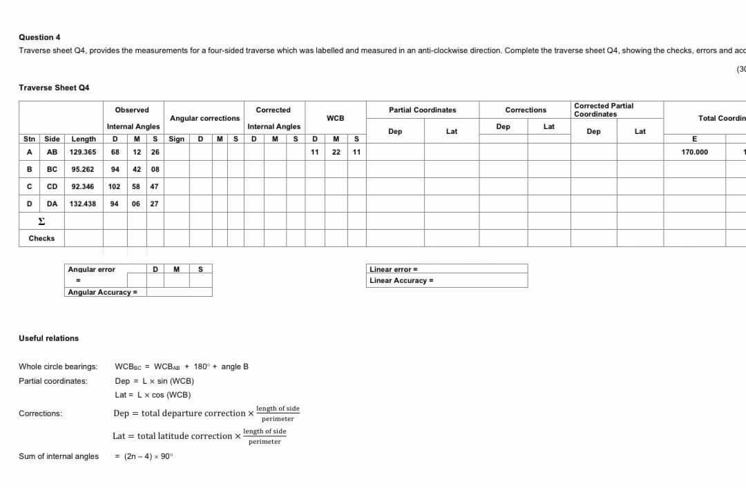 Solved Question 4 Traverse sheet Q4. provides the | Chegg.com