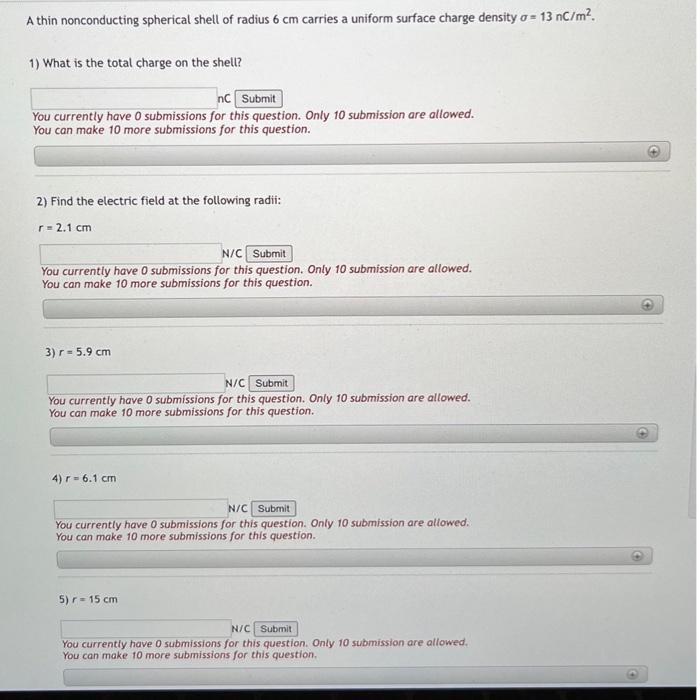 Solved A thin nonconducting spherical shell of radius 6 cm | Chegg.com