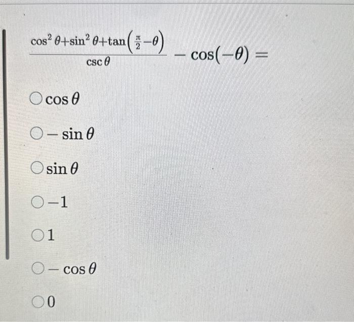 Solved cscθcos2θ+sin2θ+tan(2π−θ)−cos(−θ)=cosθ−sinθsinθ−11−co | Chegg.com