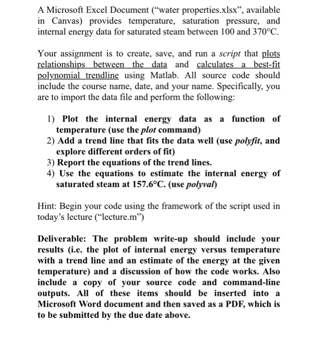 A Microsoft Excel Document ("water properties.xlsx", | Chegg.com