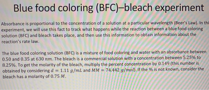 Blue food coloring (BFC)-bleach experiment Absorbance | Chegg.com