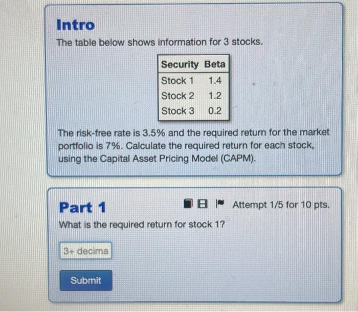 Solved The table below shows information for 3 stocks. The | Chegg.com