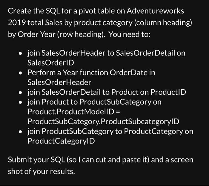 Create the SQL for a pivot table on Adventureworks | Chegg.com