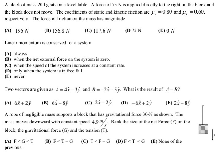 Solved A block of mass 20 kg sits on a level table. A force | Chegg.com