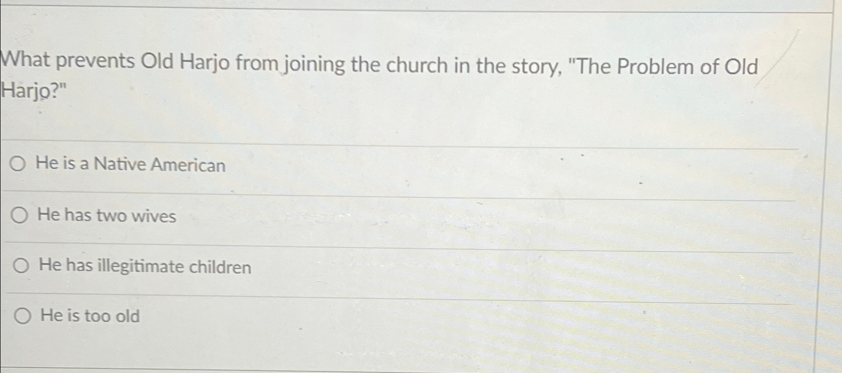 What prevents Old Harjo from joining the church in | Chegg.com