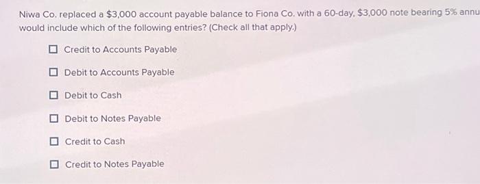 Solved Niwa Co. replaced a $3,000 account payable balance to | Chegg.com