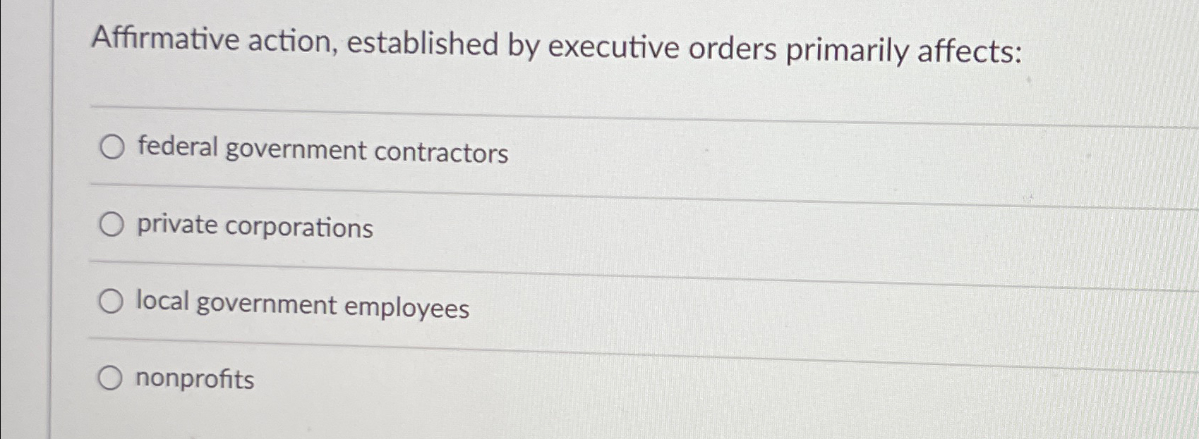 Solved Affirmative action, established by executive orders | Chegg.com