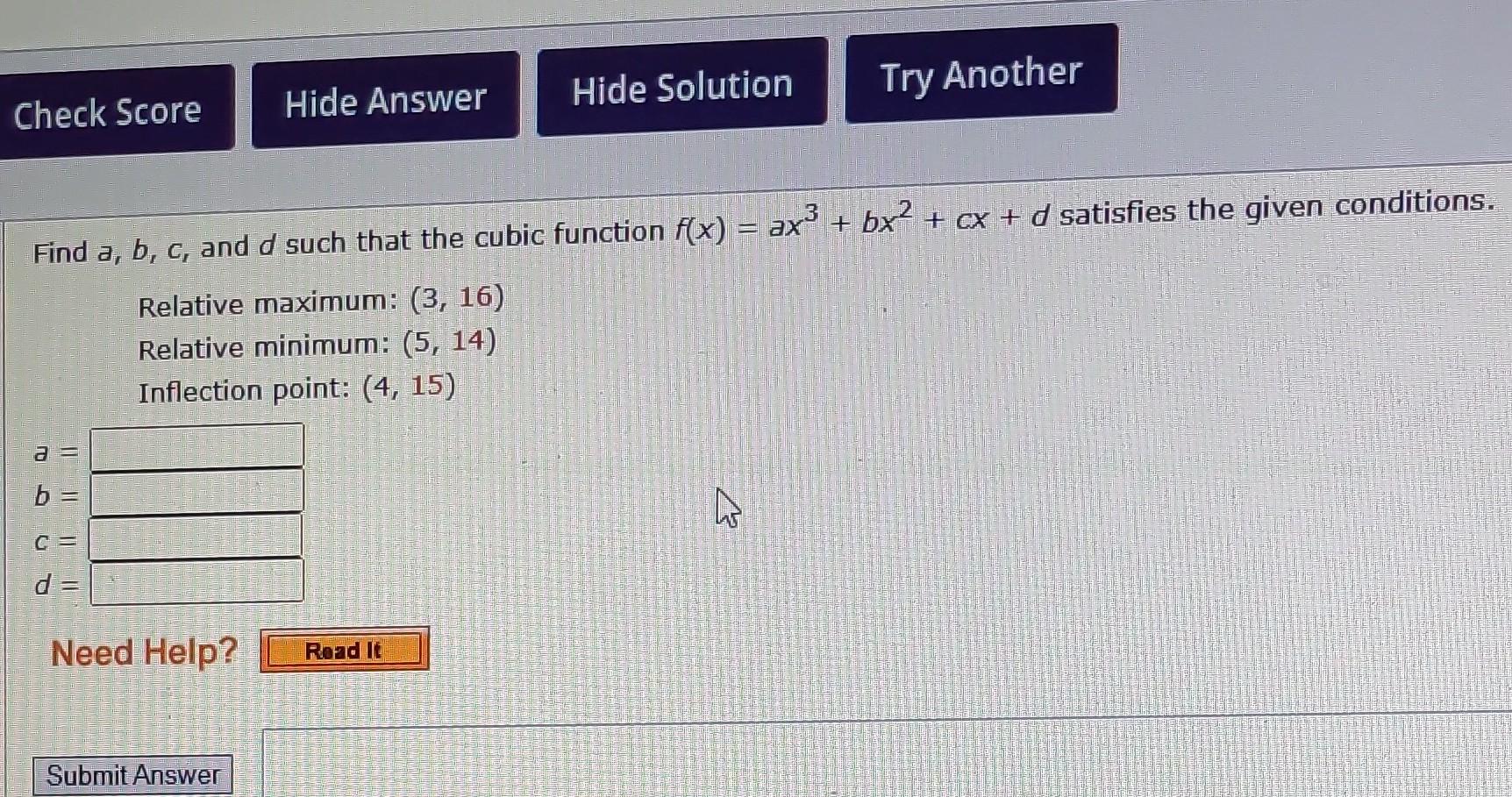Solved Find a,b,c, and d such that the cubic function | Chegg.com