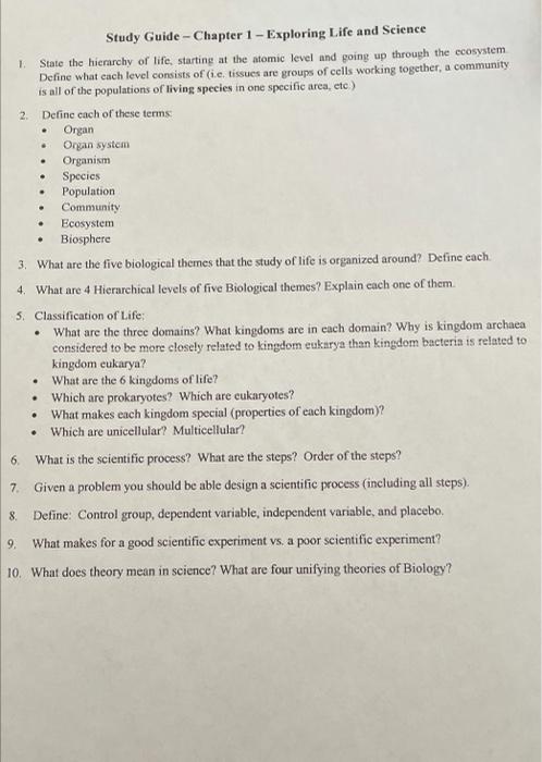 Solved Study Guide - Chapter 1 - Exploring Life and Science | Chegg.com