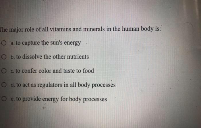 Solved The major role of all vitamins and minerals in the | Chegg.com