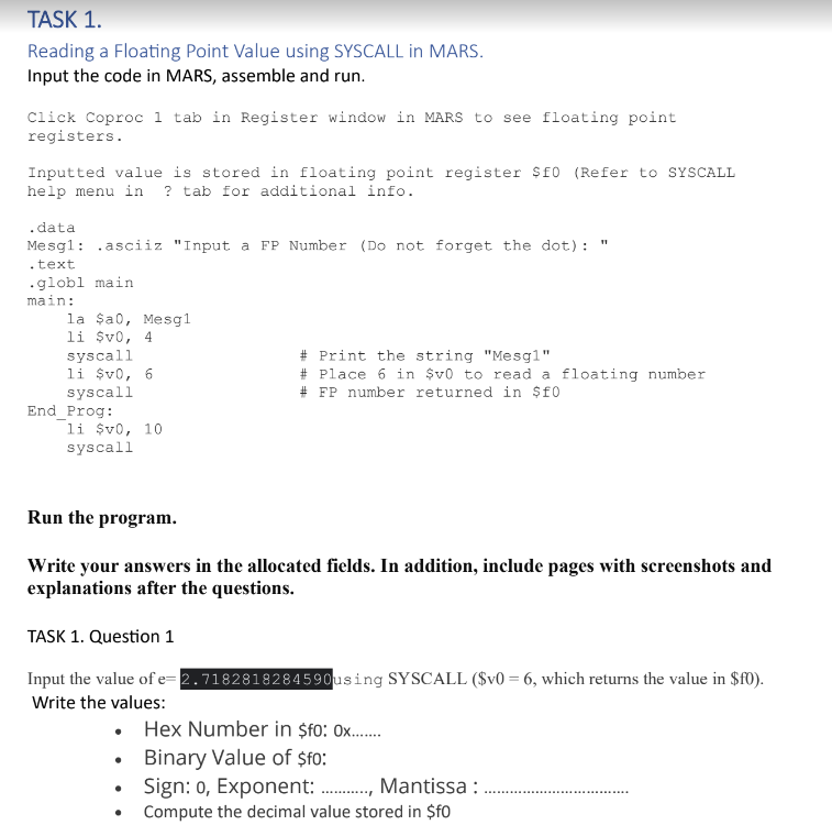 Solved Task 1reading A Floating Point Value Using Syscall