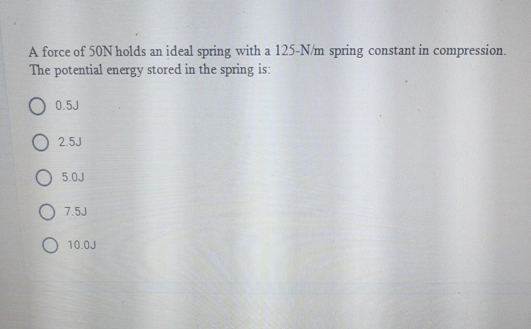 Solved A force of 50N holds an ideal spring with a 125-N/m | Chegg.com