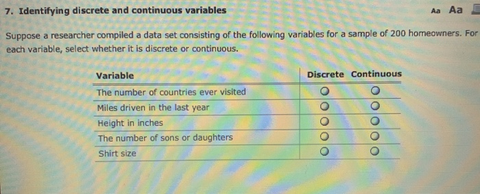 Solved 7. Identifying discrete and continuous variables Aa | Chegg.com