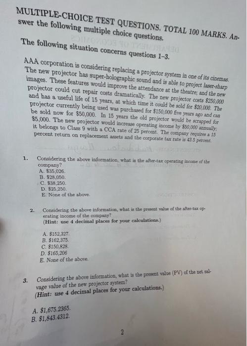 MULTIPLE-CHOICE TEST QUESTIONS. TOTAL 100 MARKS. | Chegg.com