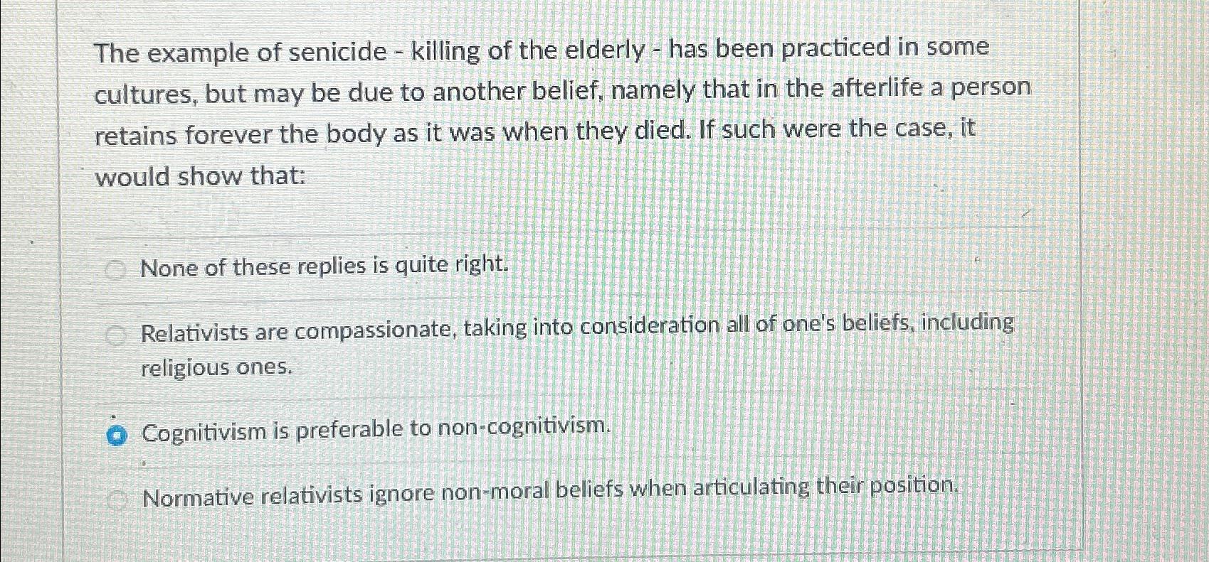 Solved The example of senicide - ﻿killing of the elderly - | Chegg.com