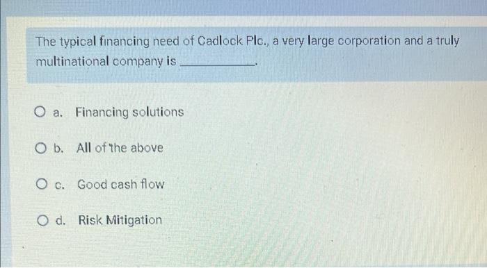 Solved The typical financing need of Cadlock Plc., a very | Chegg.com