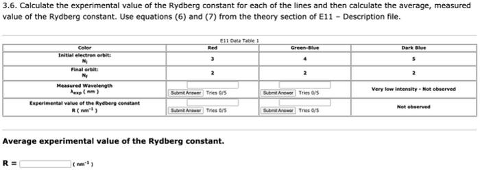 Solved 3.6. Calculate the experimental value of the Rydberg | Chegg.com