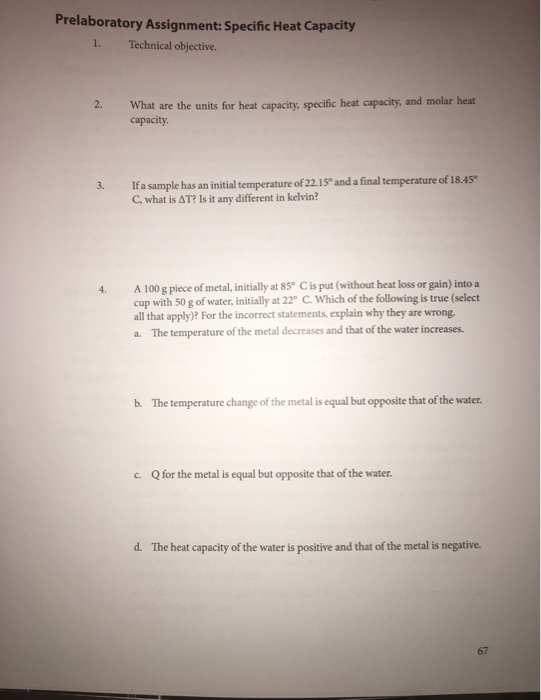 Solved Prelaboratory Assignment: Specific Heat Capacity 1. | Chegg.com