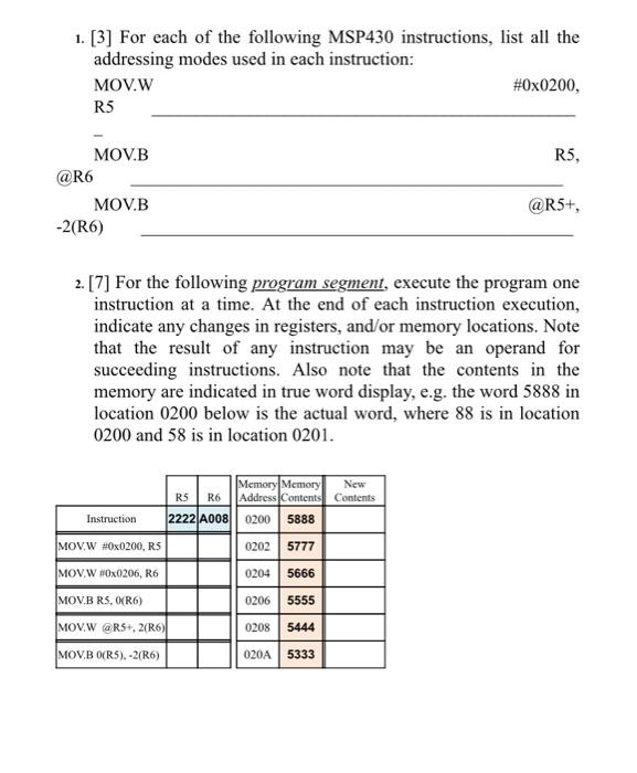 Solved 1. [3] For each of the following MSP430 instructions, | Chegg.com
