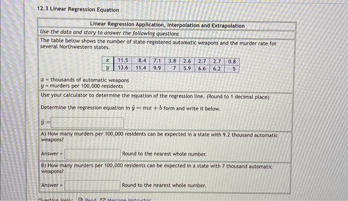 Solved 12.3 Linear Regression Equation Linear Regression | Chegg.com