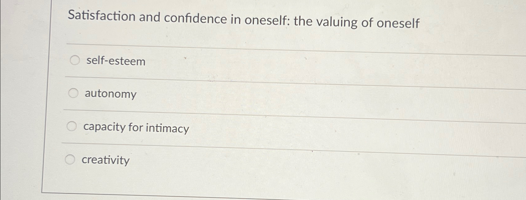 Solved Satisfaction and confidence in oneself: the valuing | Chegg.com