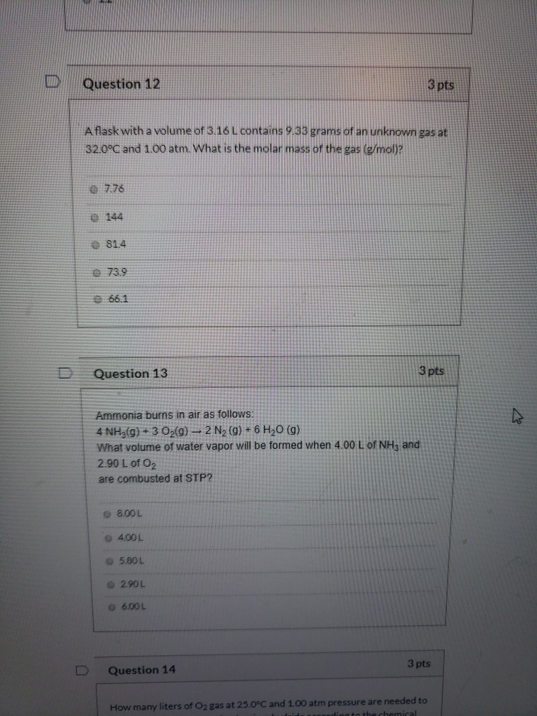 Solved Question 12 3 pts Aflask with a volume of 3.16L | Chegg.com