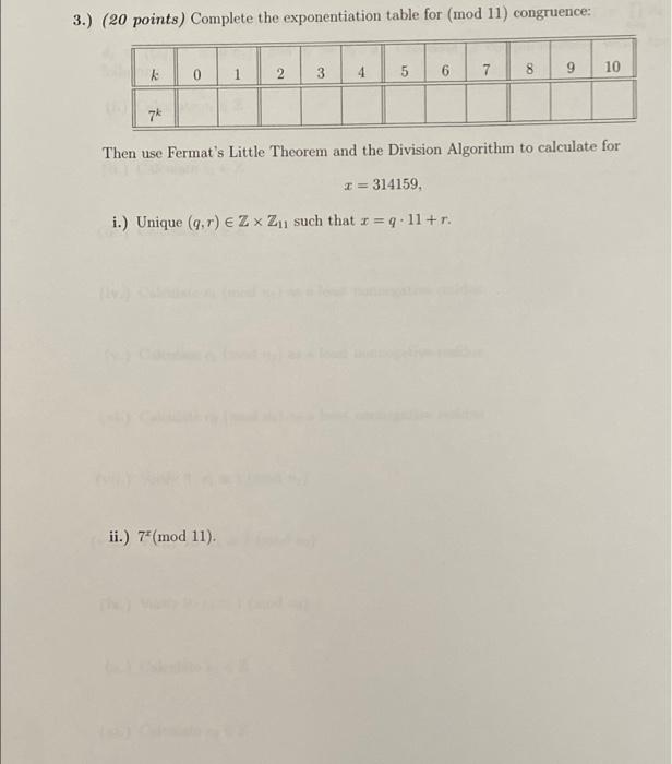 Solved 3.) (20 points) Complete the exponentiation table for | Chegg.com